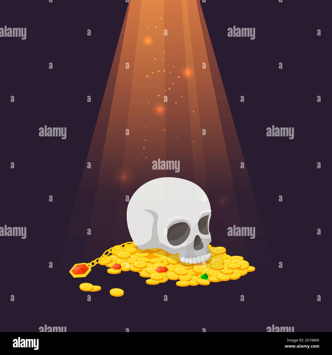Human skull on gold coins pile. Treasure in light ray with glowing ...