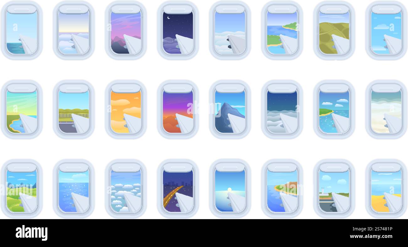 Airplane window icons set cartoon vector. Plane flight. Air travel ...