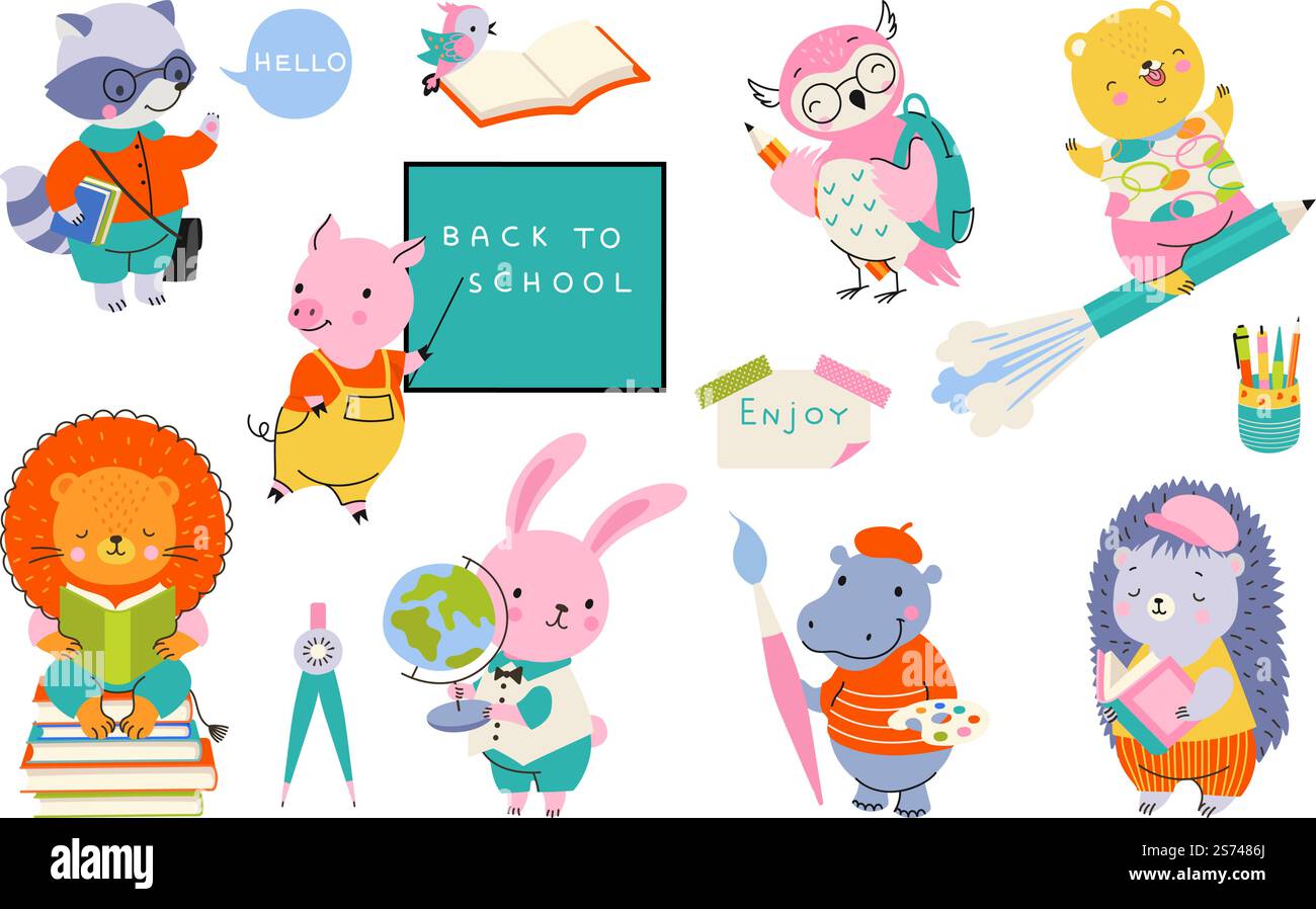 Cute animal back to school to study. Smart animals writing, reading ...