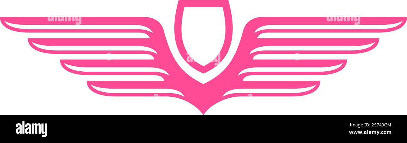 Winged badge with shield. Retro insignia. Elegant pink emblem isolated ...