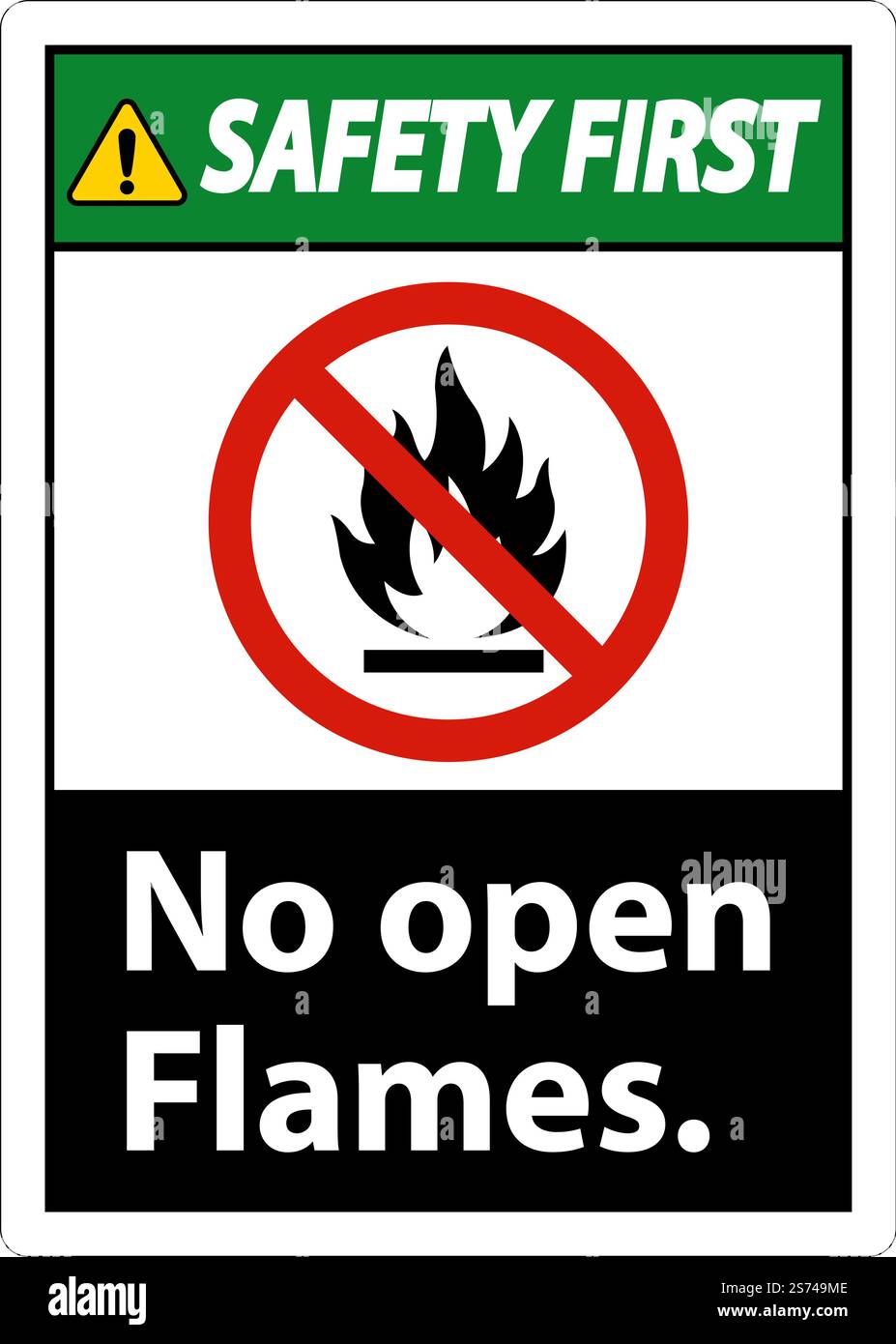 Safety First No Open Flames Label Sign On White Background Stock Vector ...