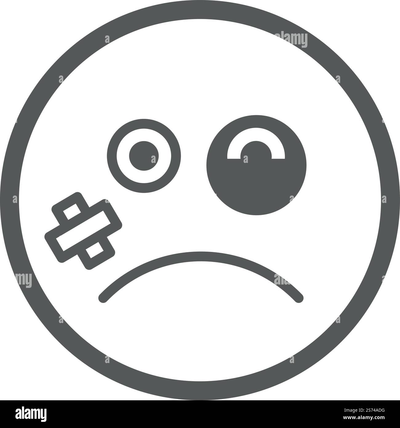 Bruised face icon. Round emoji with black eye isolated on white ...