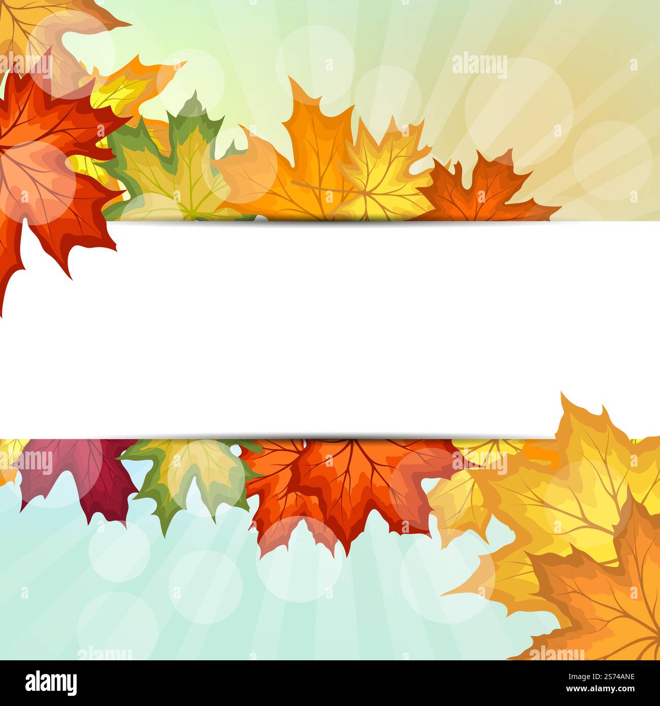 Autumn frame with blowing maple leaves over fall vanilla sky background ...