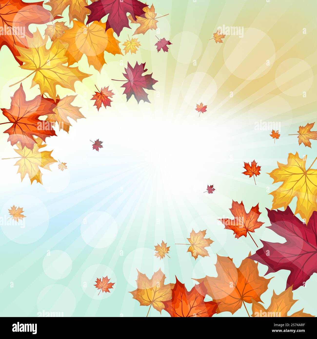 Autumn frame with blowing maple leaves over fall vanilla sky background ...