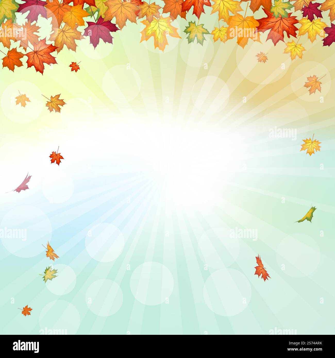 Autumn frame with blowing maple leaves over fall vanilla sky background ...