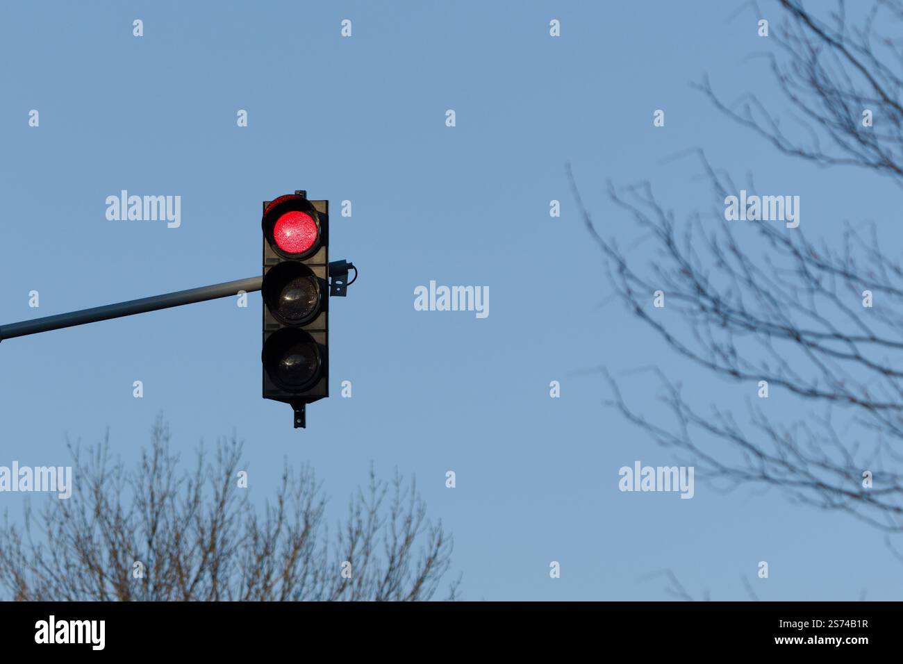 Stop red light on traffic lights. Isolated on blue sky background ...