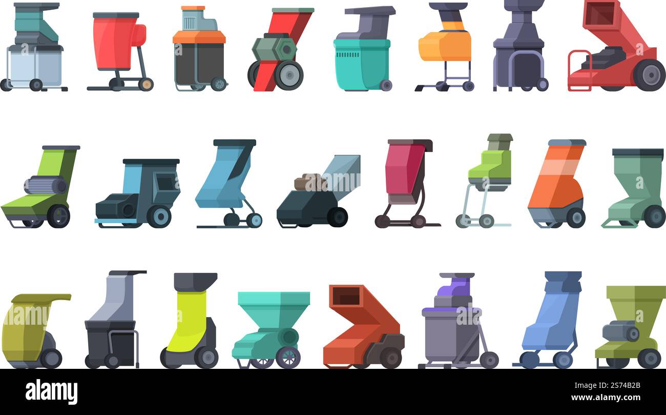 Garden shredder icons set cartoon vector. Wood tree. Work technology ...