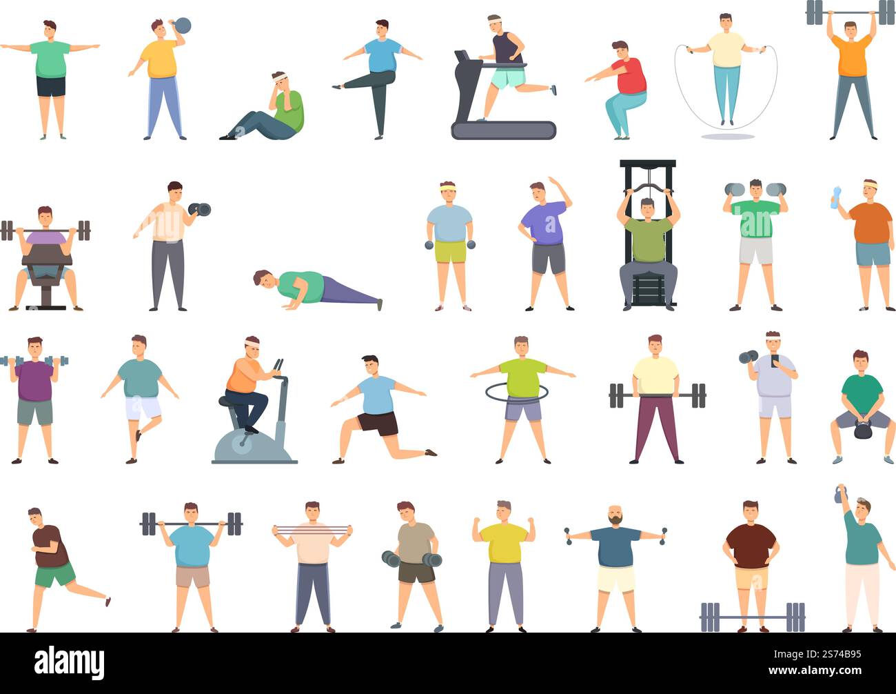 Fat man in the gym icons set cartoon vector. Exercise obese. Sport diet ...