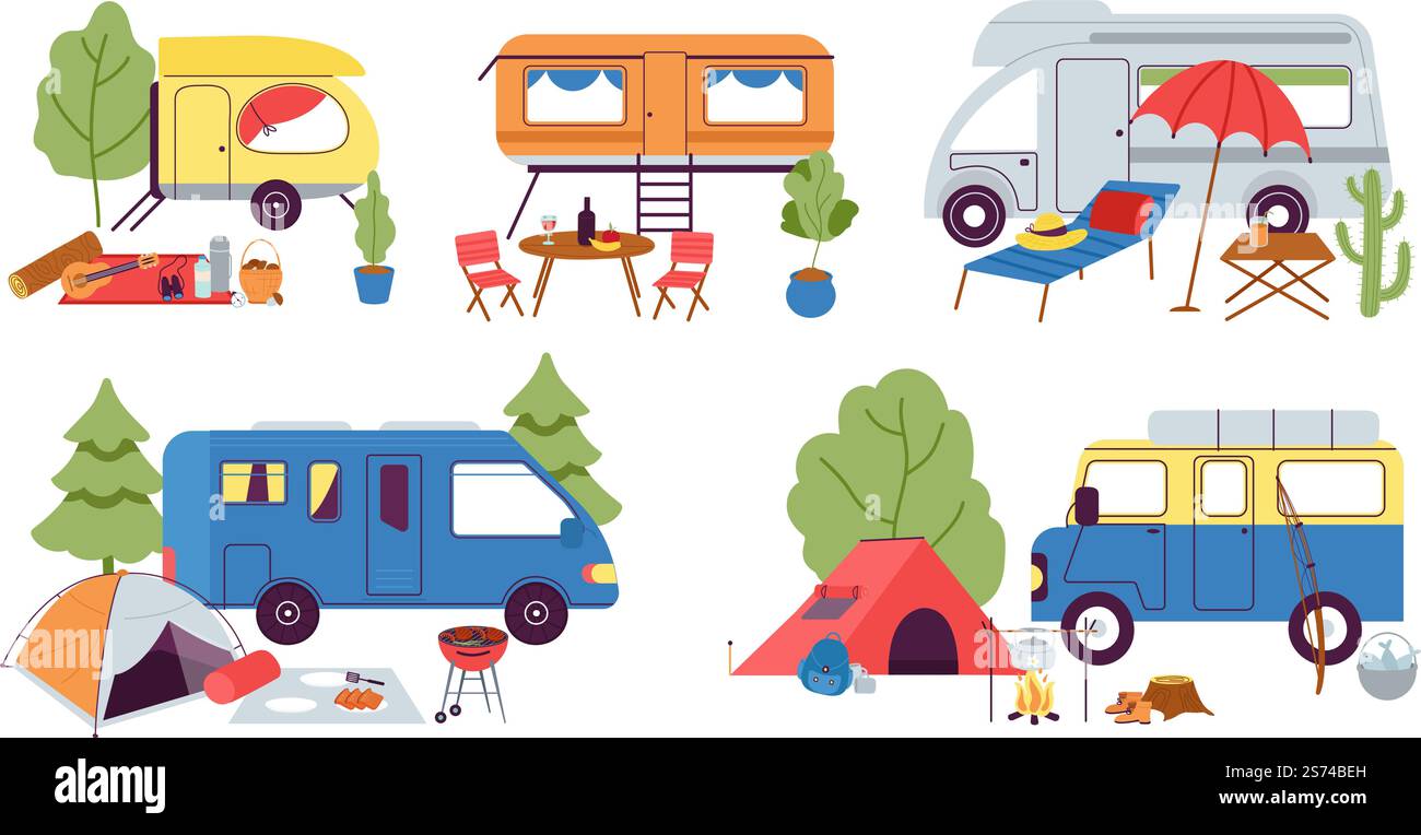 Hiking tools and camping rest. Flat tent, campers and home on wheels ...