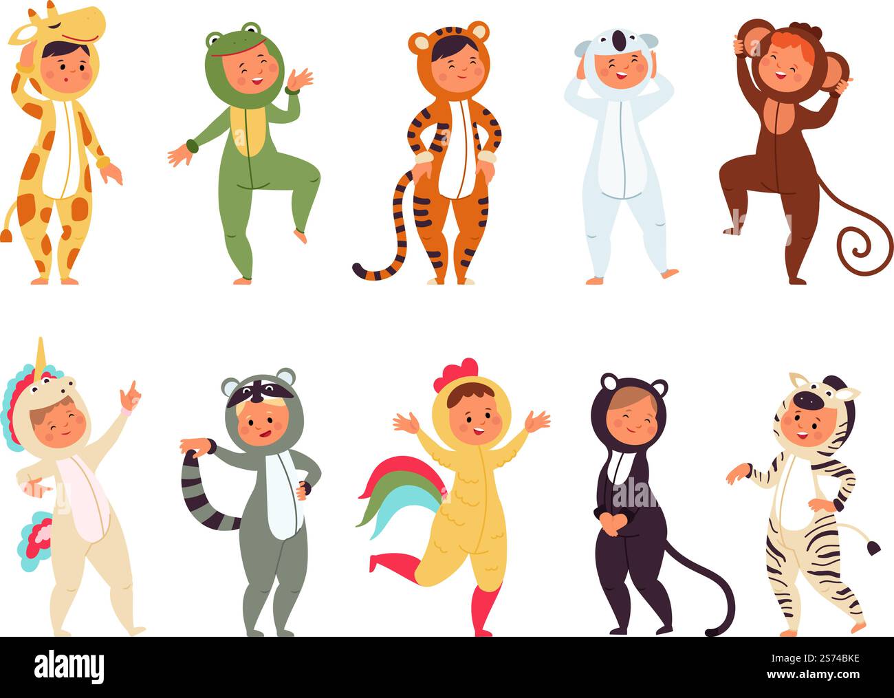 Kids in animal pajamas. Child wear cloth for sleepover, funny pajama or ...