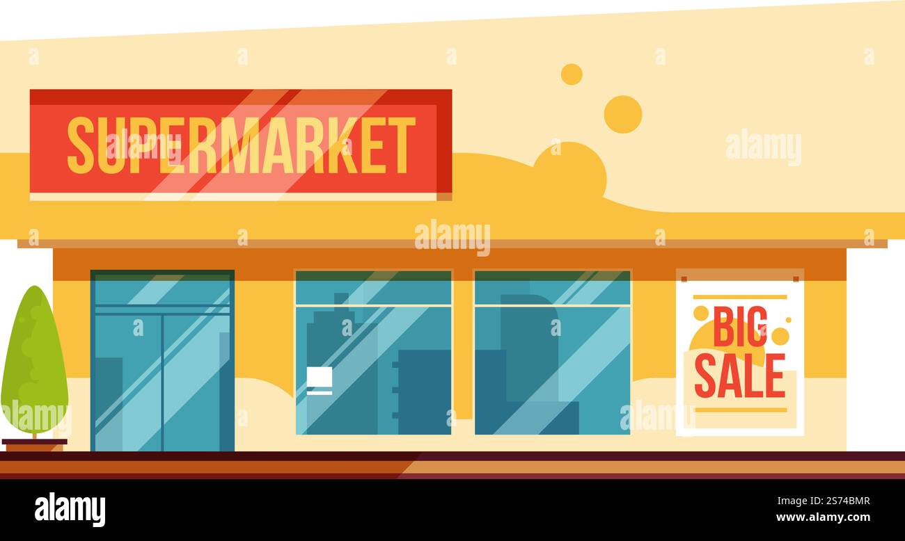 Supermarket facade in cartoon style. Urban store front isolated on ...