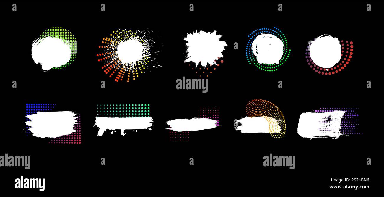 Art design paint splash or ink spots and neon halftone dotted decor ...