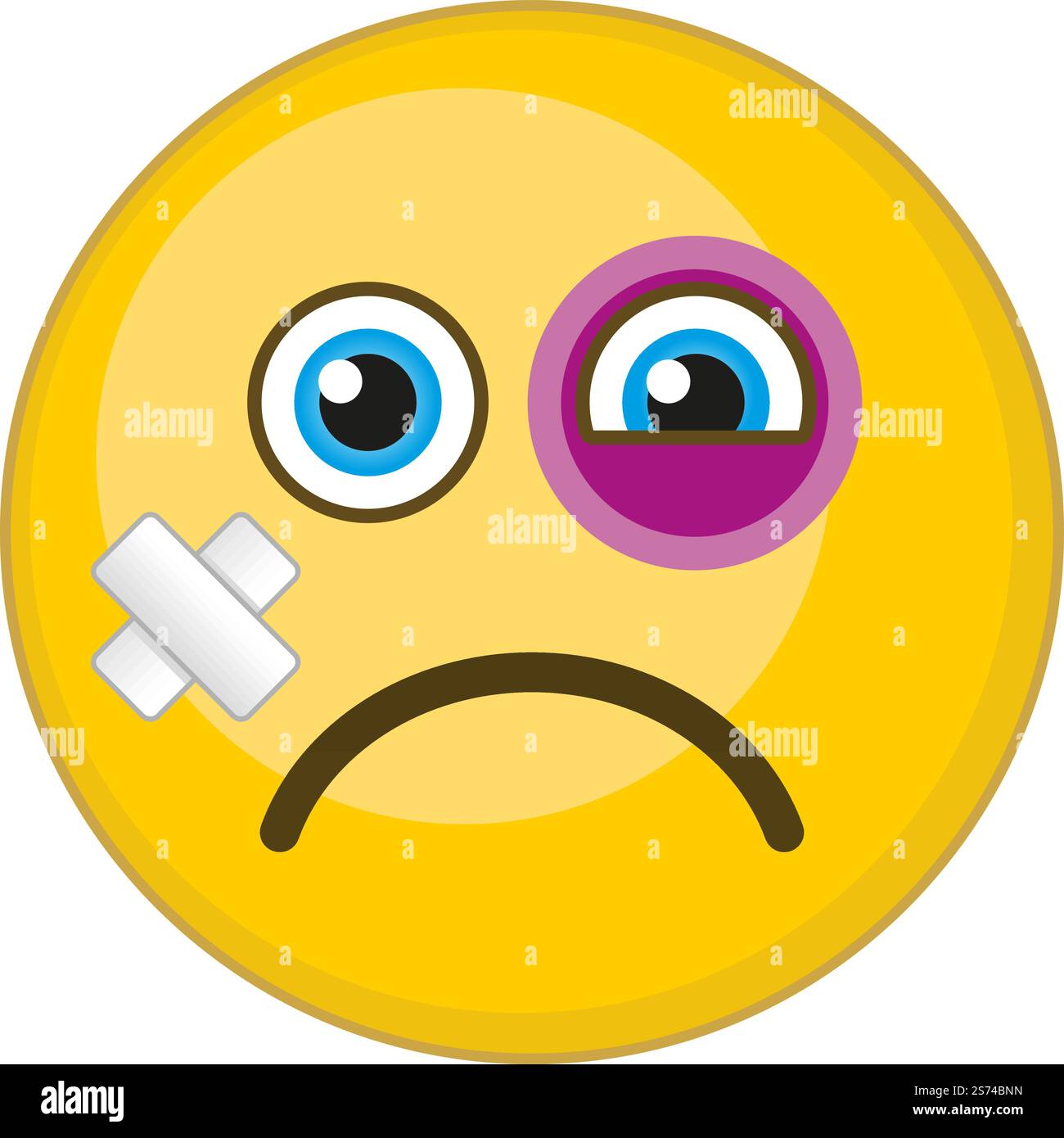 Sad face with black eye and band aid. Victim emoji isolated on white ...
