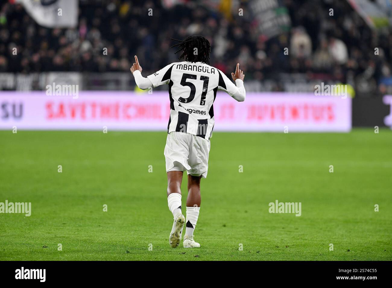 Turin, Italy. 18th Jan, 2025. Samuel Mbangula of Juventus FC celebrates ...