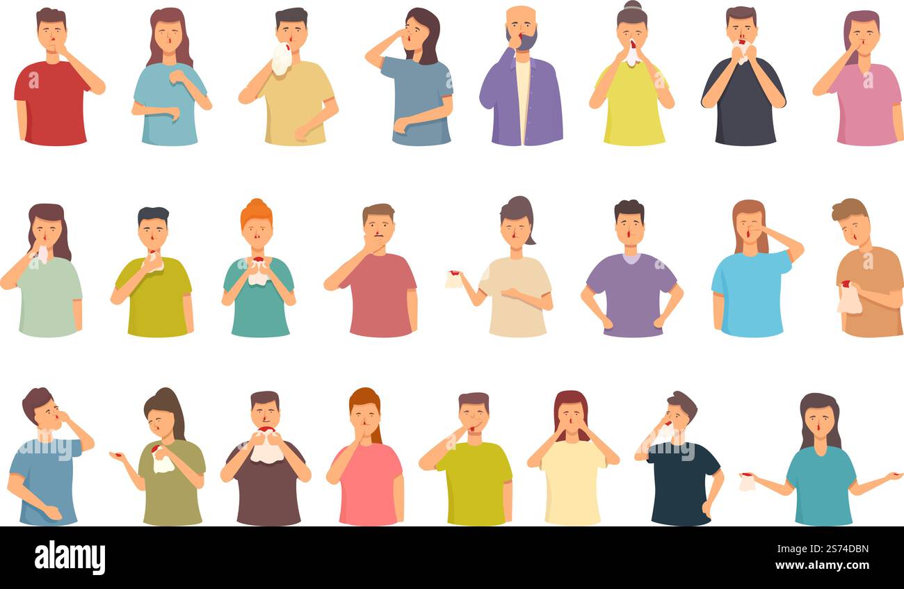 Nosebleed icons set cartoon vector. Epistaxis woman. Health face ...