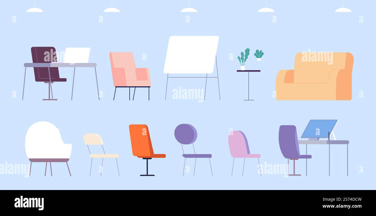 Office furniture. Conference room chairs, desk, presentation board ...