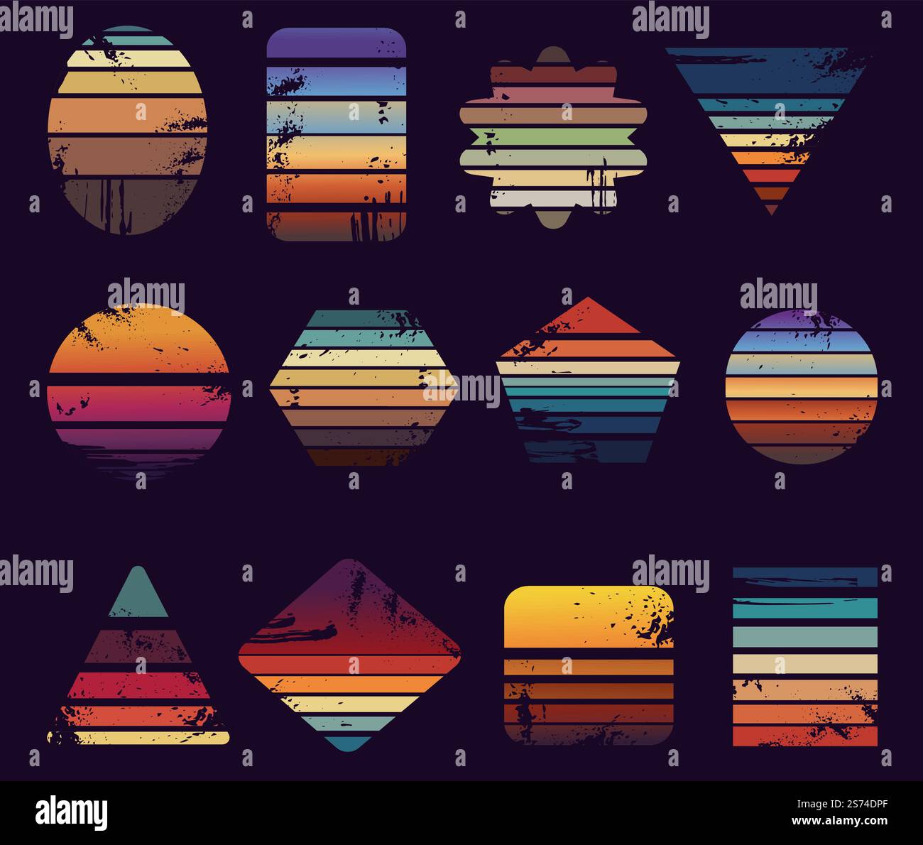 Sunrise vintage prints. Grunge sunset logo diverse shapes. Vintage ...