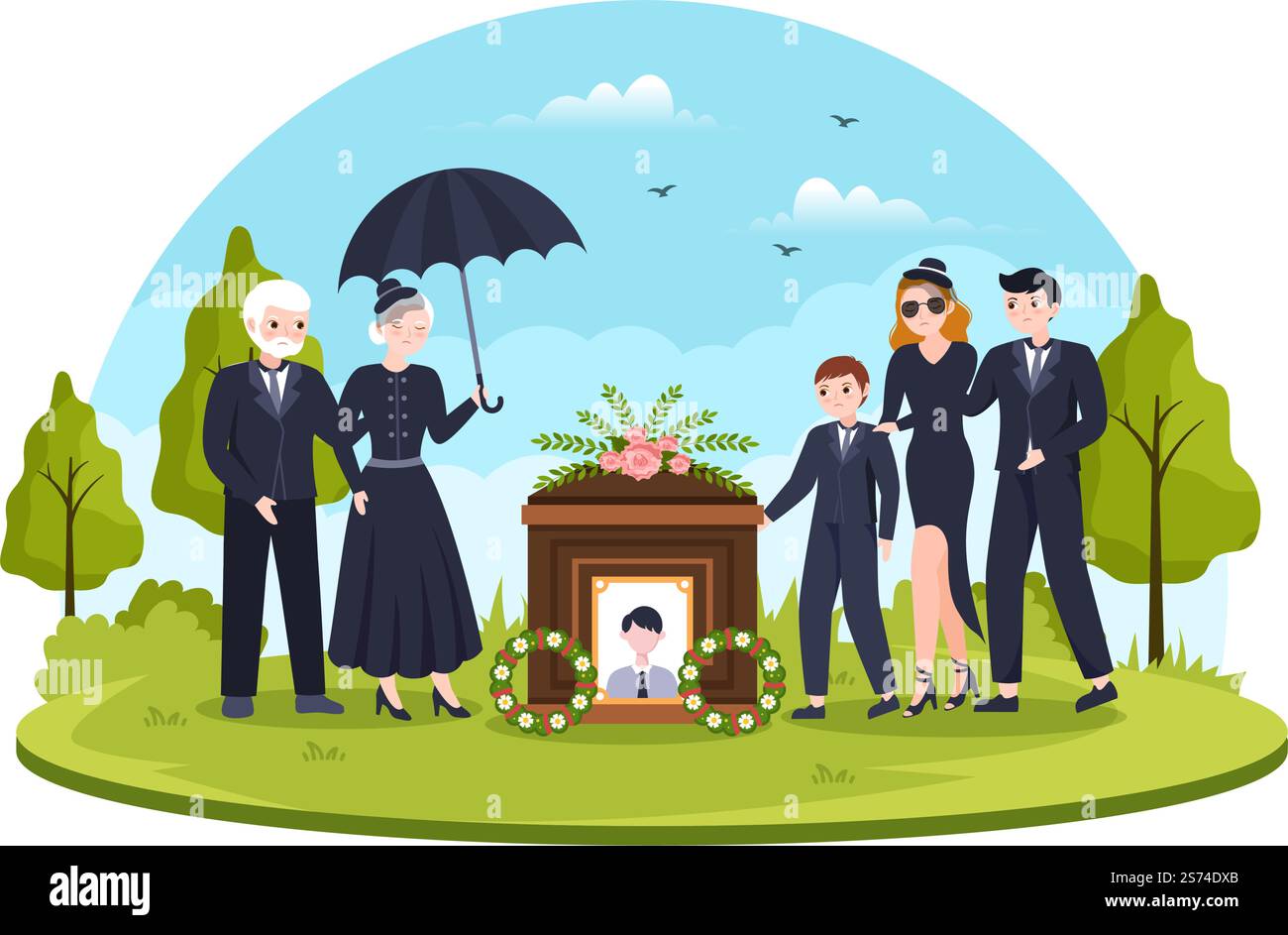 Funeral Ceremony in Grave of Sad People in Black Clothes Standing and ...