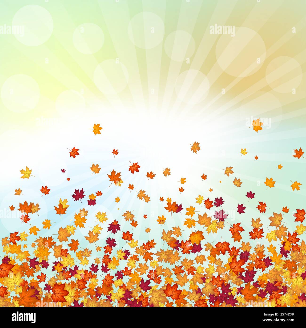 Autumn frame with blowing maple leaves over fall vanilla sky background ...