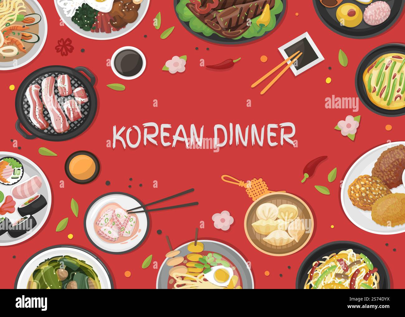 Korean dinner background. Top view asian barbeque, traditional buffet ...