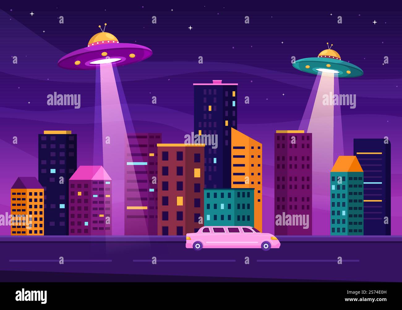 UFO Flying Spaceship with Rays of Light in Sky Night City View and ...