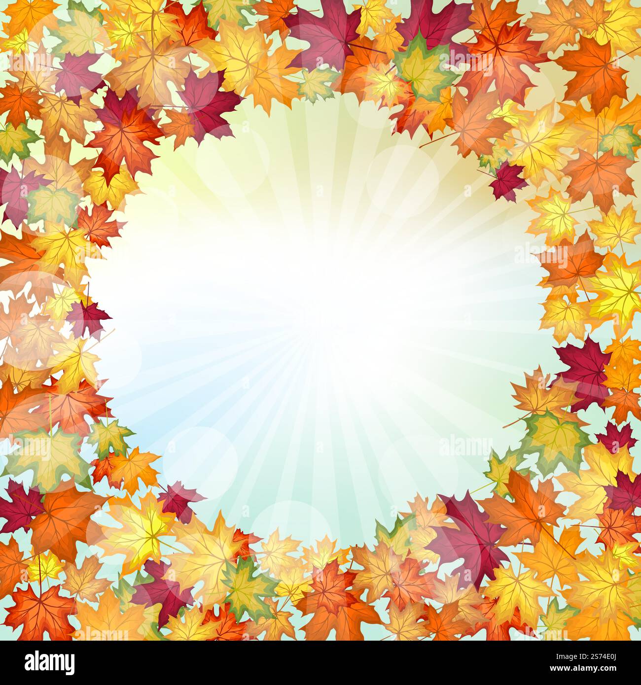 Autumn frame with blowing maple leaves over fall vanilla sky background ...