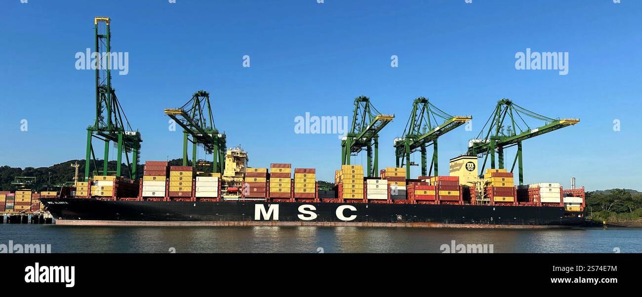 Balboa, USA. 13th Jan, 2025. Containers are loaded on and off ships at ...