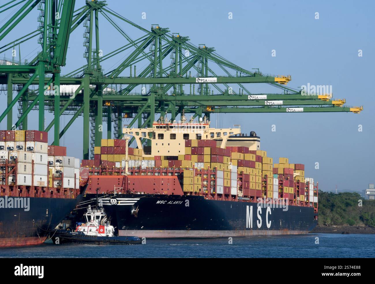 January 13, 2025, Balboa, USA: Containers are loaded on and off ships ...