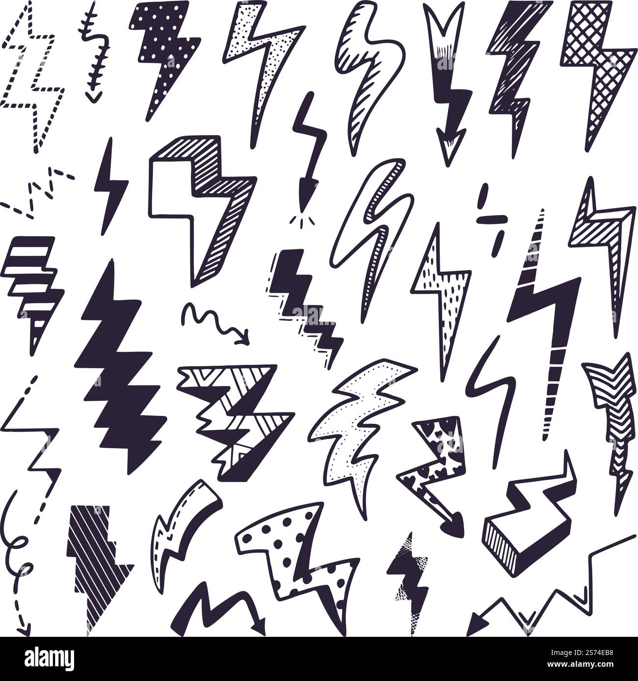 Sketch lightning. Thunder doodle, bolts electricity scribble elements ...