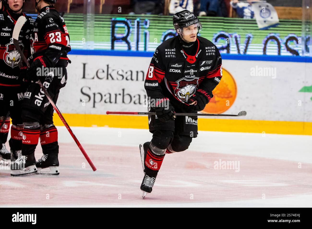 Leksand, Sverige. 18th Jan, 2025. 250118 Malmö Redhawks Johan Olofsson jublar efter 1-4 under ...
