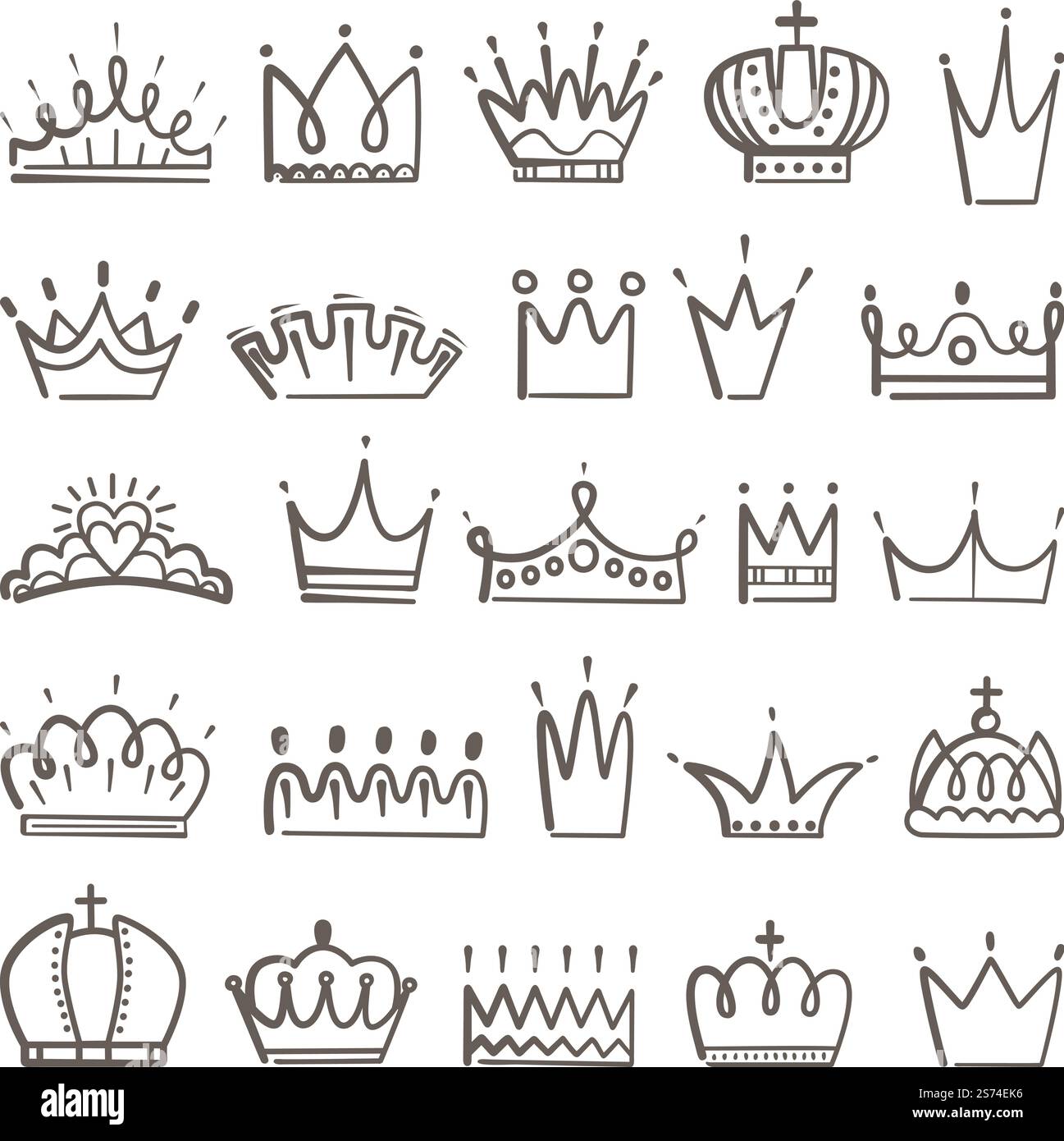 Royal doodle symbols. Crowns sketch, crown diadema tiara for king ...