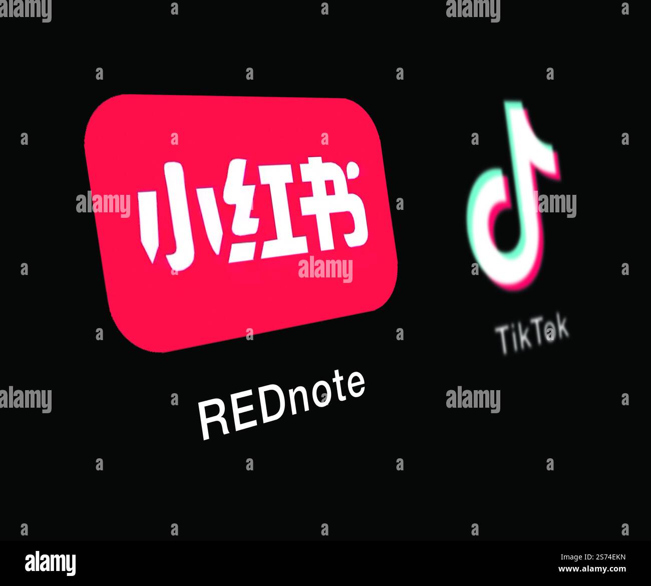 Tiktok and Rednote logos on black background. Tiktok blurred. TikTok ...