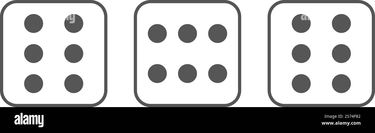 Dice showing six. Three die cubes from top view. Luck symbol isolated ...