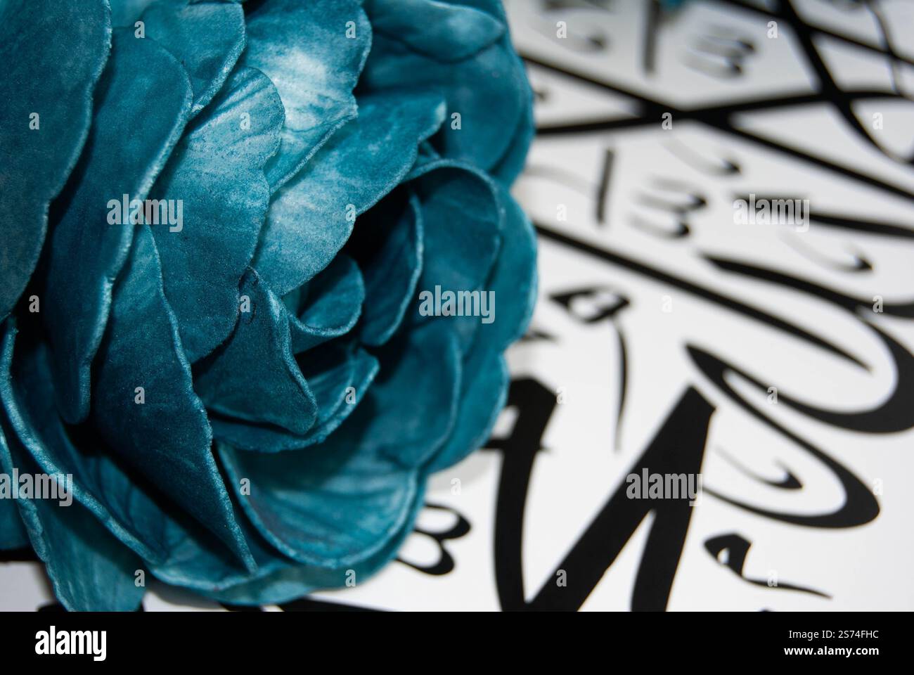 Elegant blue rose resting on softly blurred Arabic script Stock Photo ...