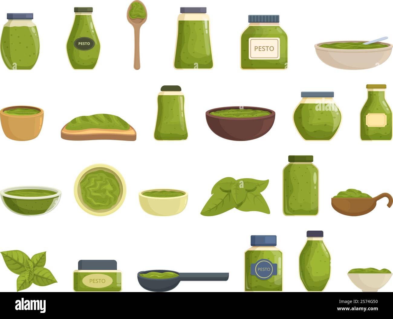 Pesto icons set cartoon vector. Sauce food. Kitchen jar. Pesto icons ...
