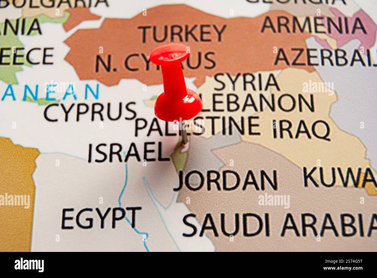 Map highlighting Israel and Palestine with pins on their locations ...