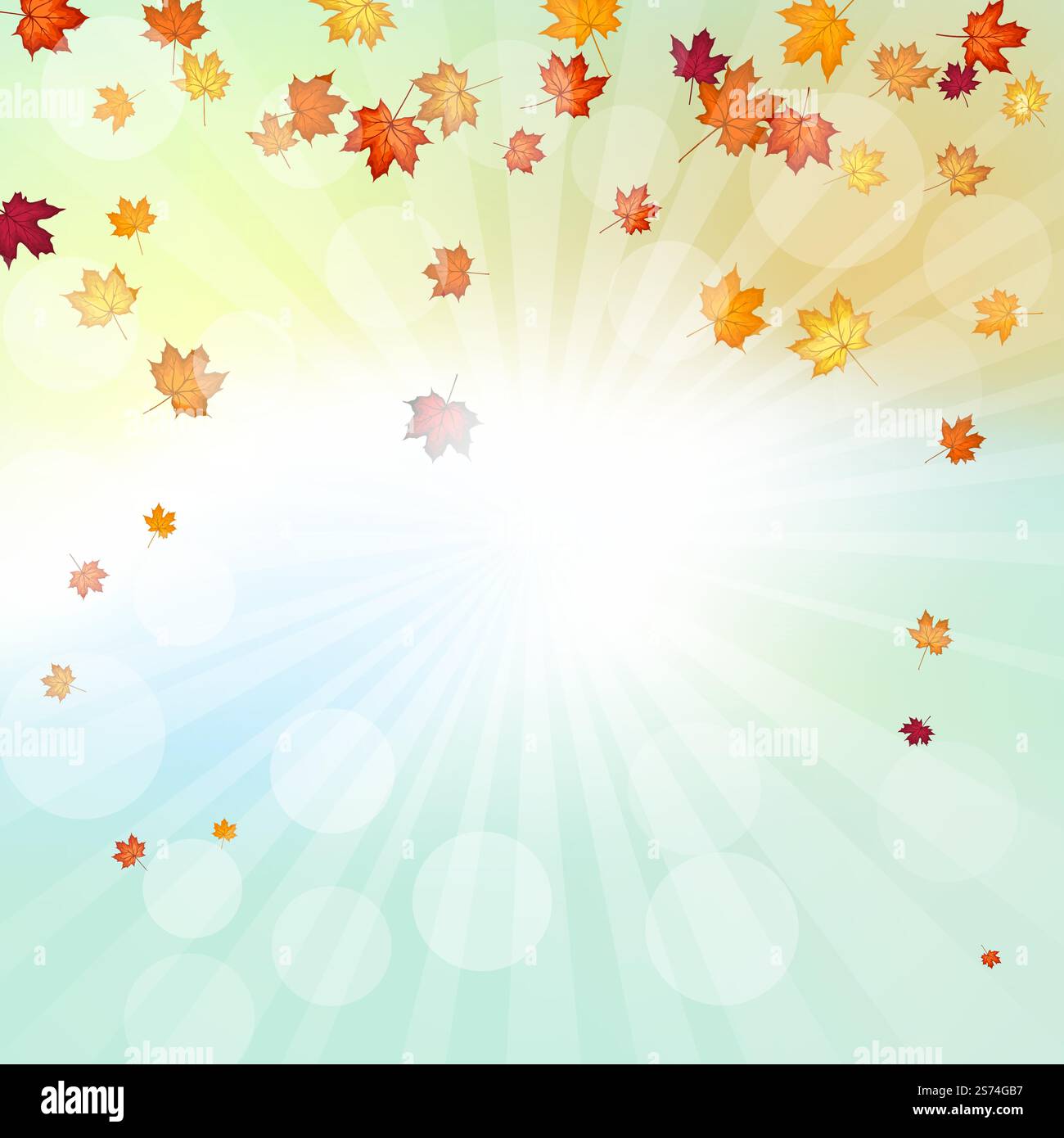 Autumn frame with blowing maple leaves over fall vanilla sky background ...
