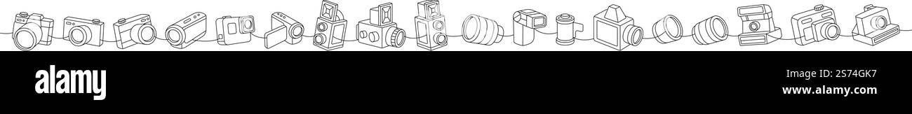 Set of photo camera one line continuous drawing. External flash ...
