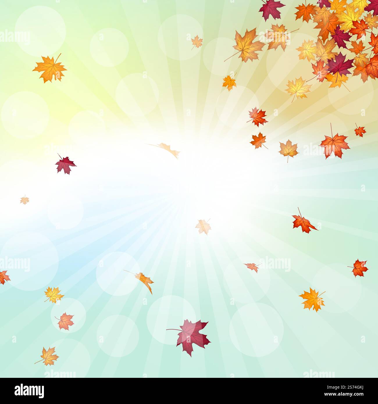 Autumn frame with blowing maple leaves over fall vanilla sky background ...