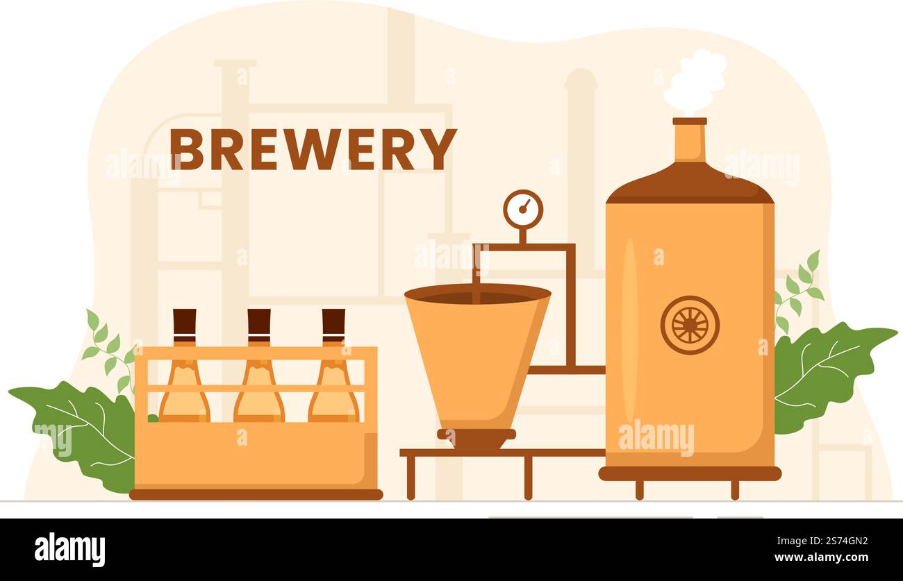 Brewery Production Process with Beer Tank and Bottle Full of Alcohol ...