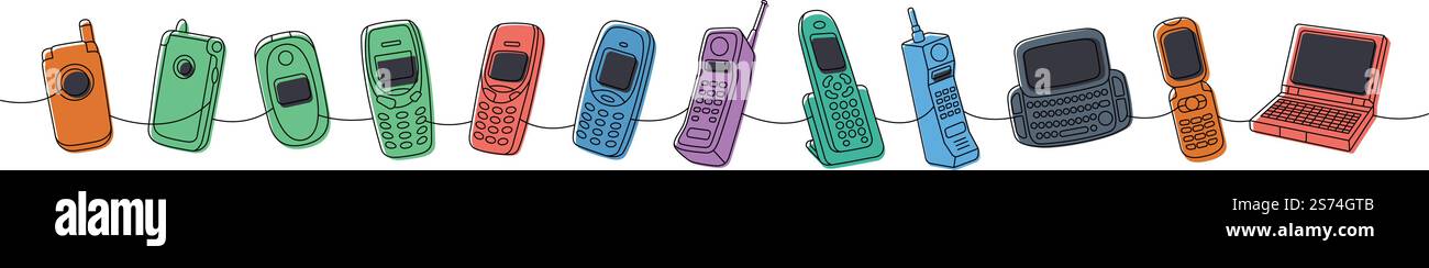 Old-fashioned phones one line colored continuous drawing. Old ...
