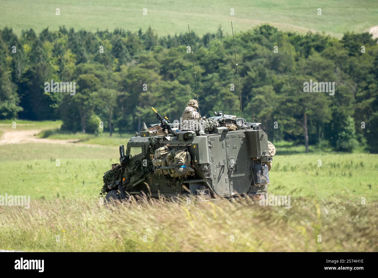 close-up of a British army Foxhound protected patrol vehicle on a dirt ...