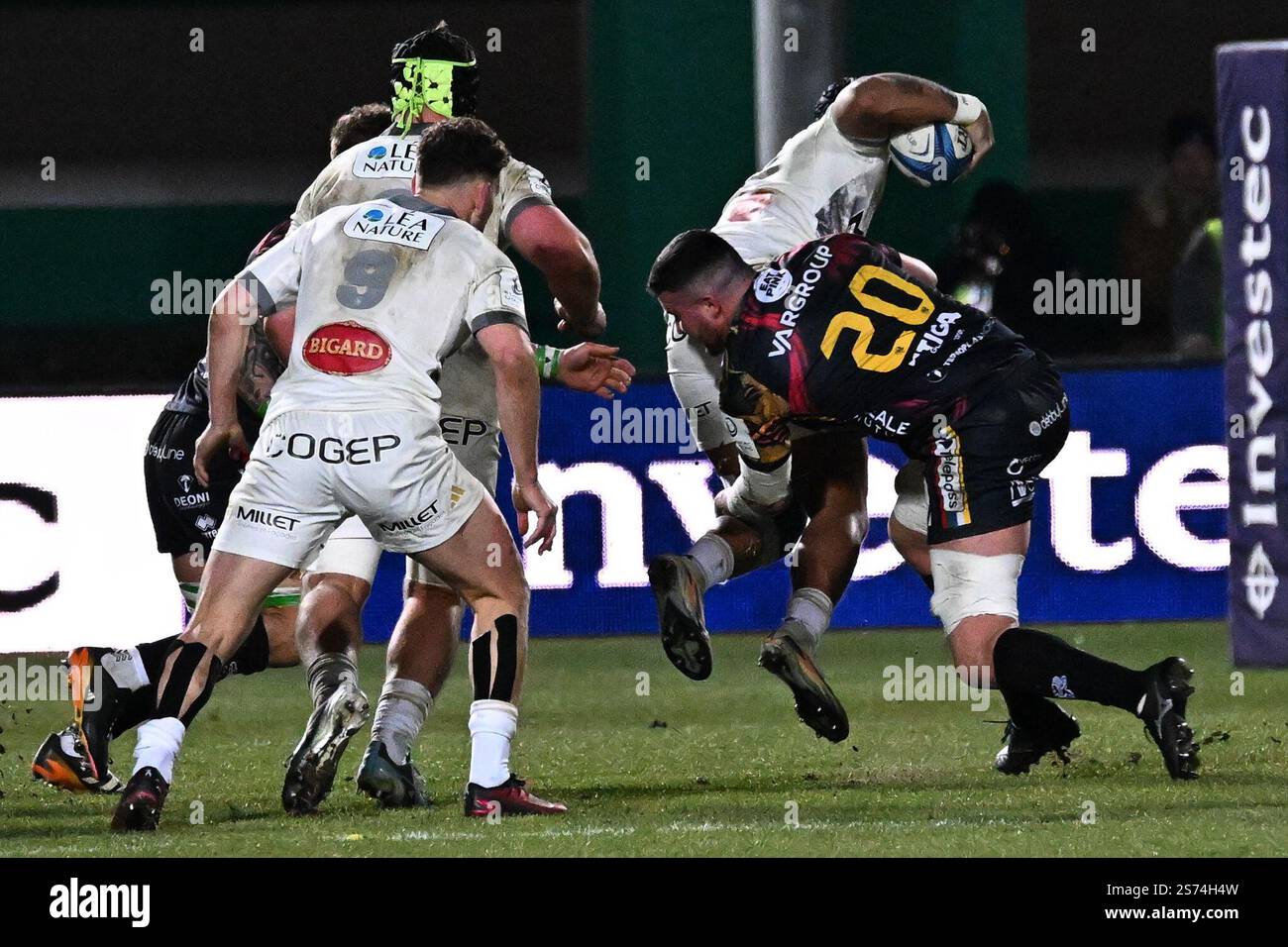 Treviso, Italy. 18th Jan, 2025. Tackle of Seb Negri ( Benetton Rugby ...