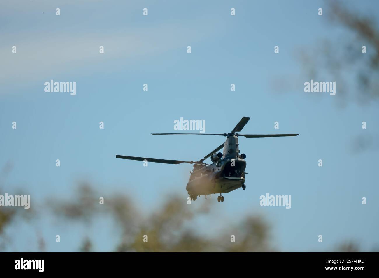 RAF Boeing CH-47 Chinook tandem-rotor helicopter flying fast and low in ...