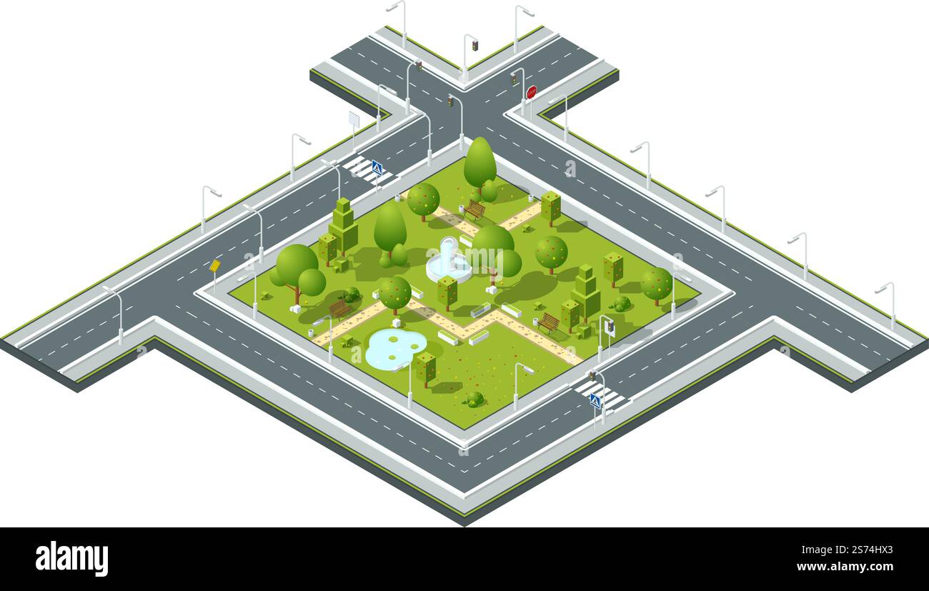 Isometric natural park. Green city block miniature isolated on white ...
