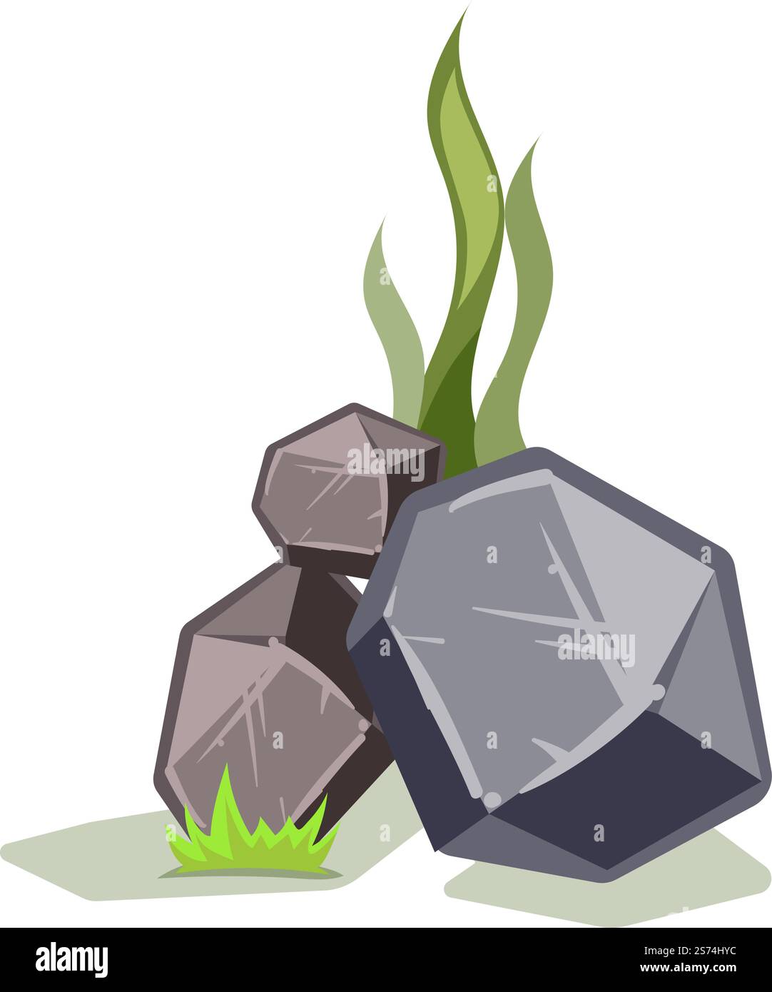 Stone boulder lying on ground. Cartoon gravel with greenery isolated on ...