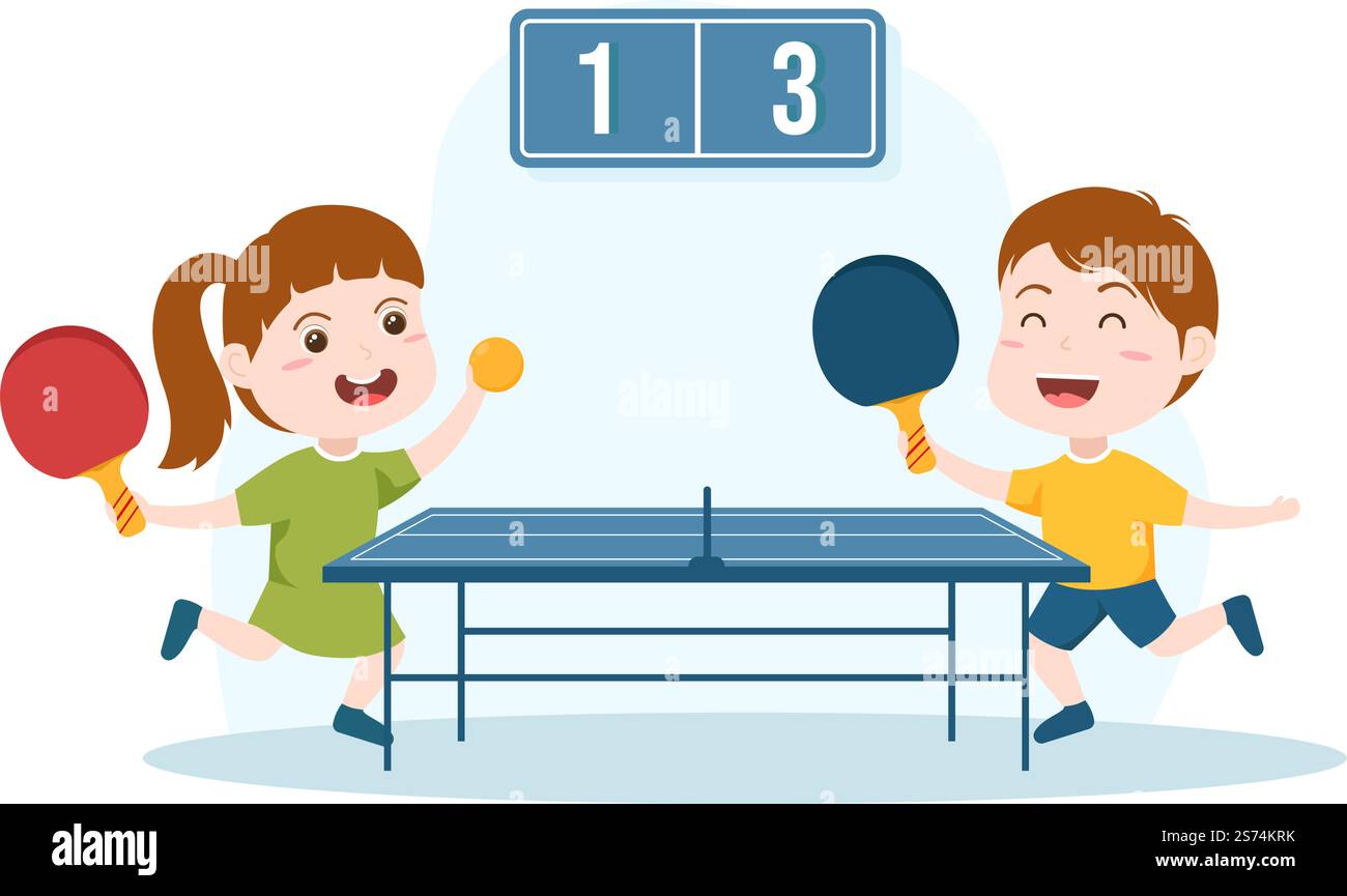 Cute Kids Playing Table Tennis Sports with Racket and Ball of Ping Pong ...
