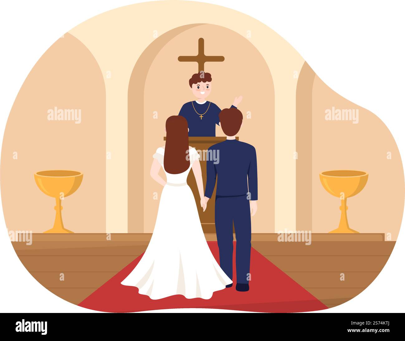 Wedding Ceremony in the Cathedral Catholic Church Building with the Happy Couple in Flat Cartoon ...