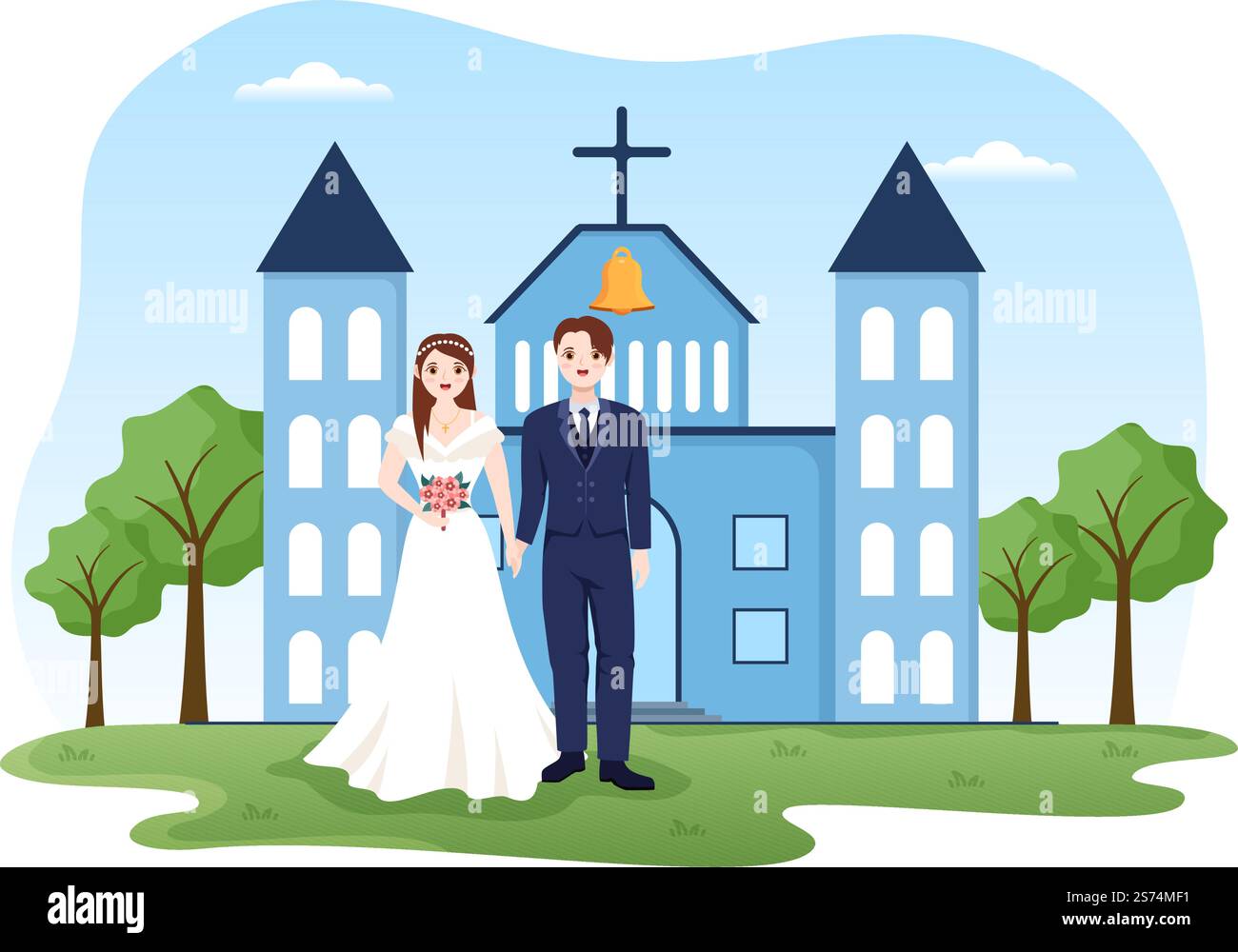 Wedding Ceremony in the Cathedral Catholic Church Building with the Happy Couple in Flat Cartoon ...