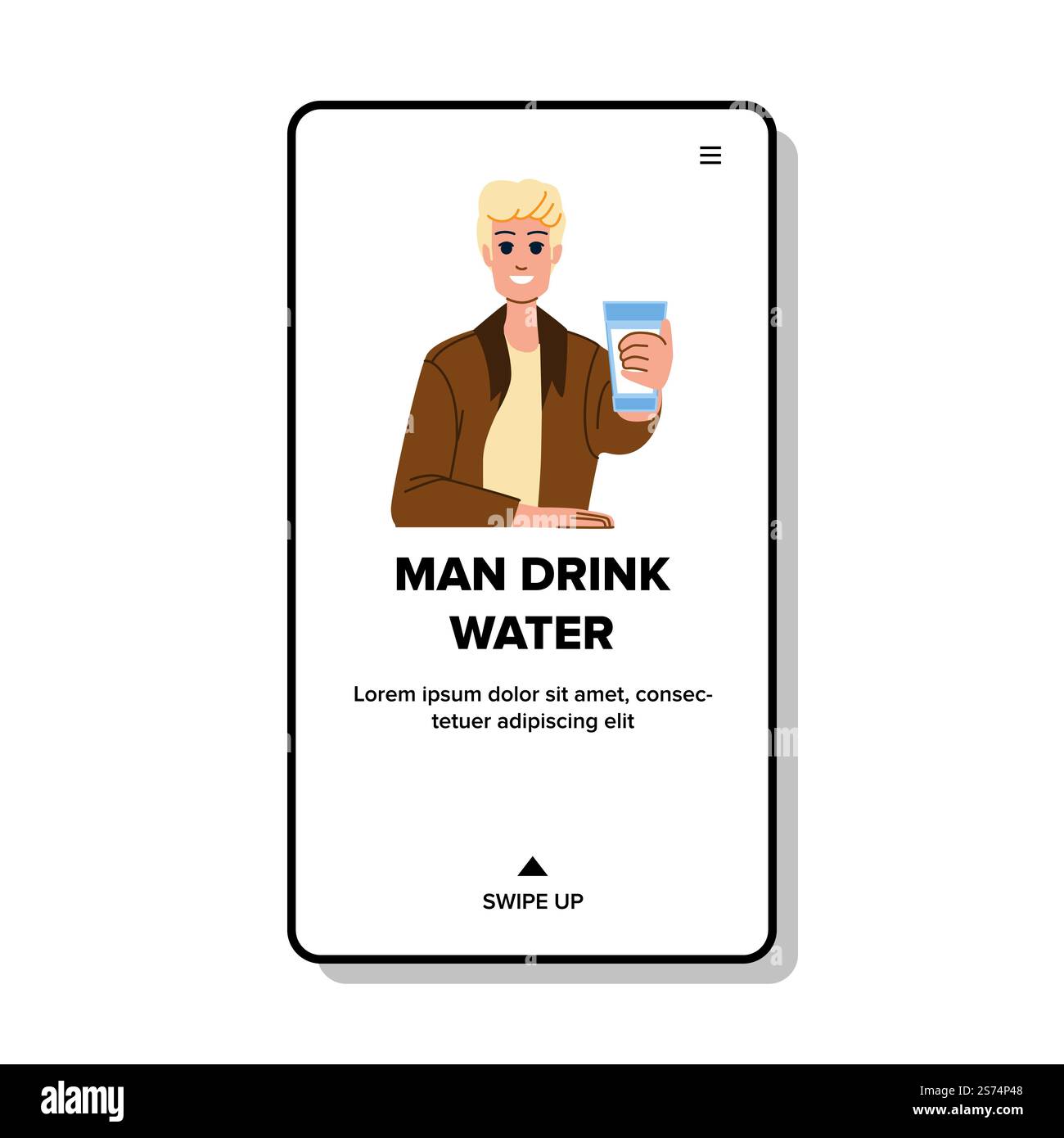 man drink water vector. healthy young, glass happy, fresh male, lifestyle adult, health thirsty ...